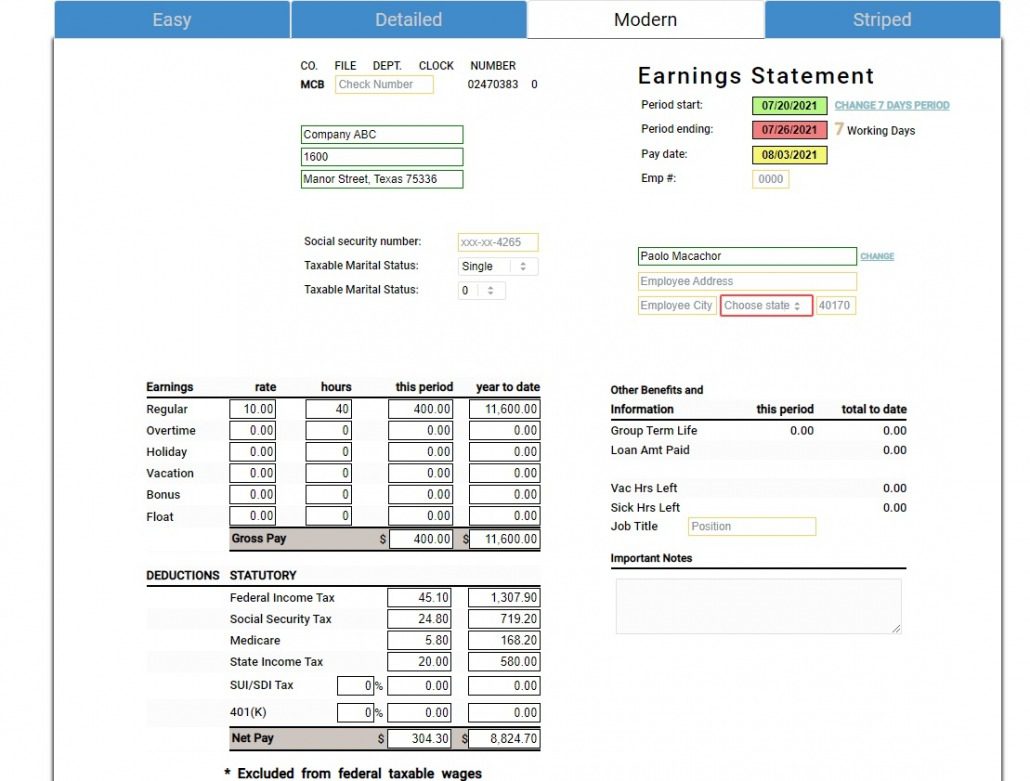 Free Pay Stub Templates With Calculator | Fill in Online | No Software